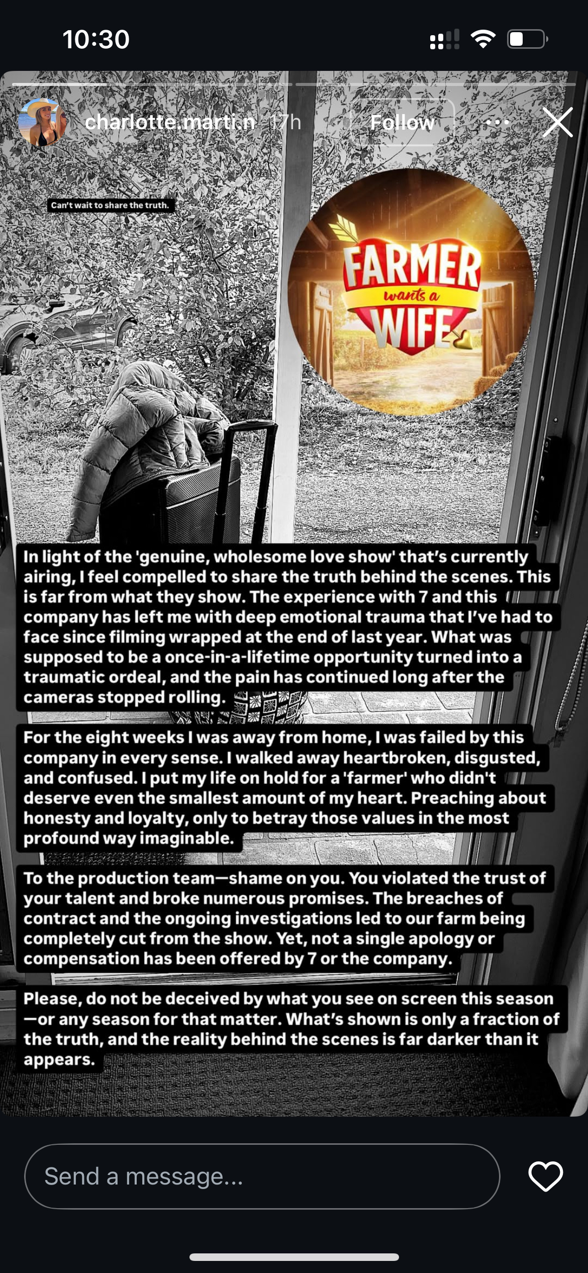 Farmer Wants A Wife contestant 'disgusted' by farmer's actions